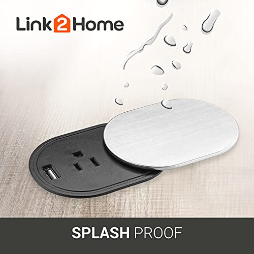 Link2Home Space Saver Grommet Socket with USB, 1 Power Outlet 15A, 1 USB Port 2.4A Fast Charge, Splash Resistant, and Stainless-Steel Finish