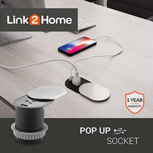 Link2Home Space Saver Grommet Socket with USB, 1 Power Outlet 15A, 1 USB Port 2.4A Fast Charge, Splash Resistant, and Stainless-Steel Finish