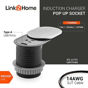 Link2Home Space Saver Grommet Socket with USB, 1 Power Outlet 15A, 1 USB Port 2.4A Fast Charge, Splash Resistant, and Stainless-Steel Finish