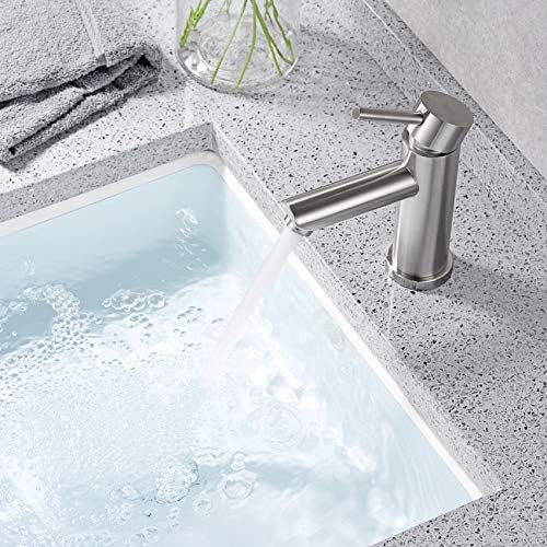 AMAZING FORCE Single Hole Bathroom Faucet Single Handle Bathroom Sink Faucet Brushed Nickel Stainless Steel Basin Mixer Tap - Sink Drain & Deck Plate Not Included 1.2 GPM