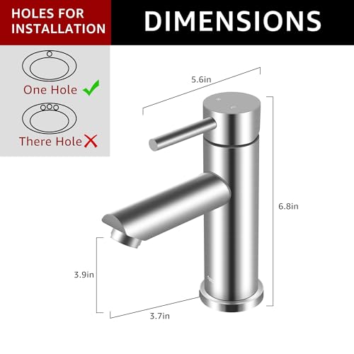 AMAZING FORCE Single Hole Bathroom Faucet Single Handle Bathroom Sink Faucet Brushed Nickel Stainless Steel Basin Mixer Tap - Sink Drain & Deck Plate Not Included 1.2 GPM