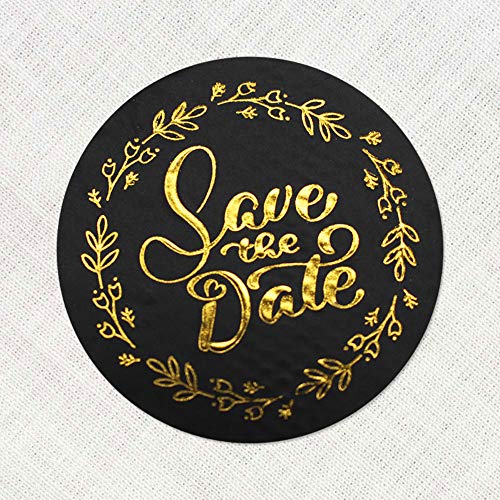 100 x Save the Date Labels Real Gold Foil Embossed Metal Stickers Party Invitation Stickers Round Self Adhesive Vinyl Black and Gold Labels 1.6 inch