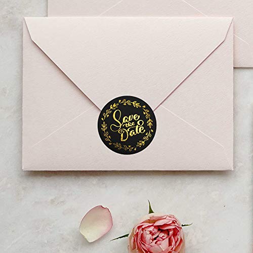 100 x Save the Date Labels Real Gold Foil Embossed Metal Stickers Party Invitation Stickers Round Self Adhesive Vinyl Black and Gold Labels 1.6 inch