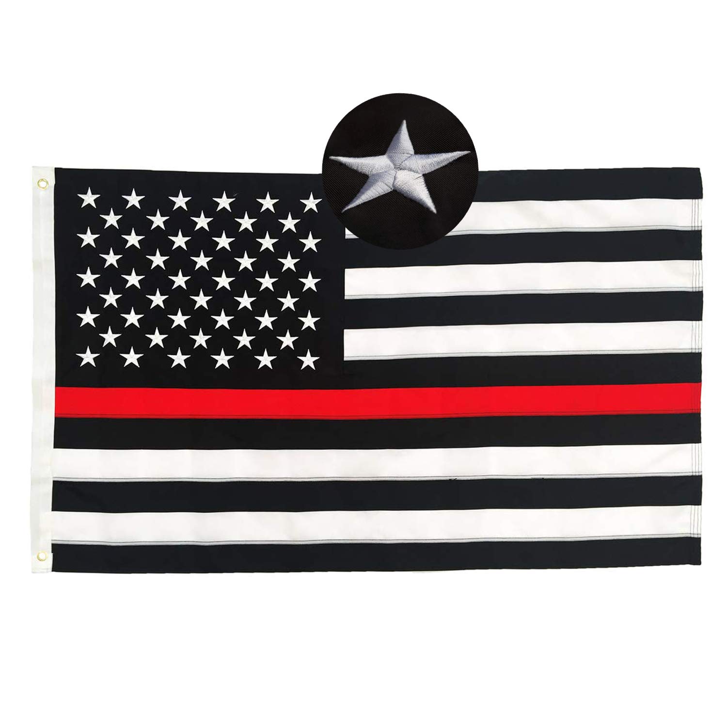 Thin Red Line American Flag, Embroidered Stars and Sewn Stripes - Black Red and White American Flag Honoring Firefighters and EMTs