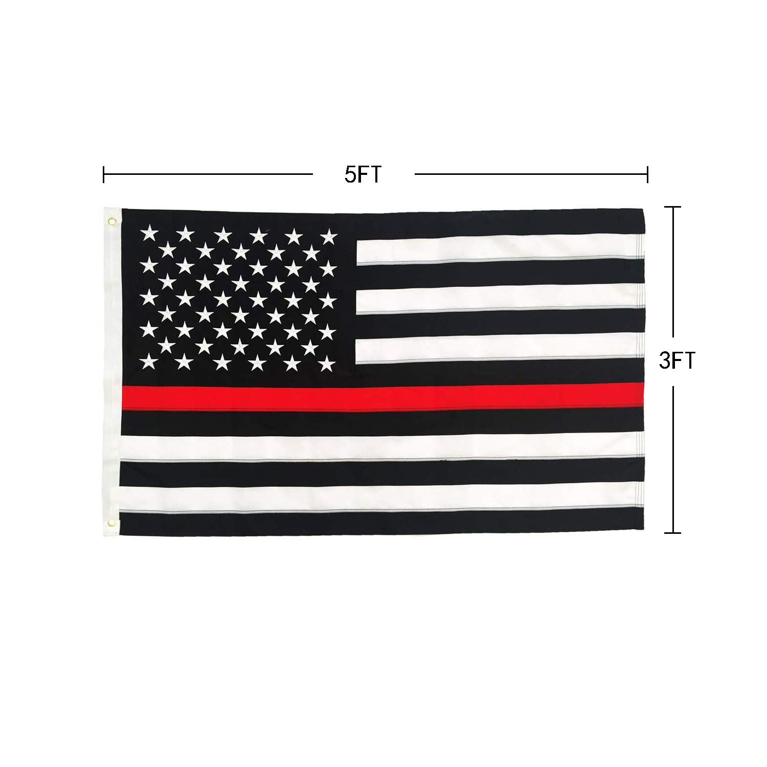 Thin Red Line American Flag, Embroidered Stars and Sewn Stripes - Black Red and White American Flag Honoring Firefighters and EMTs