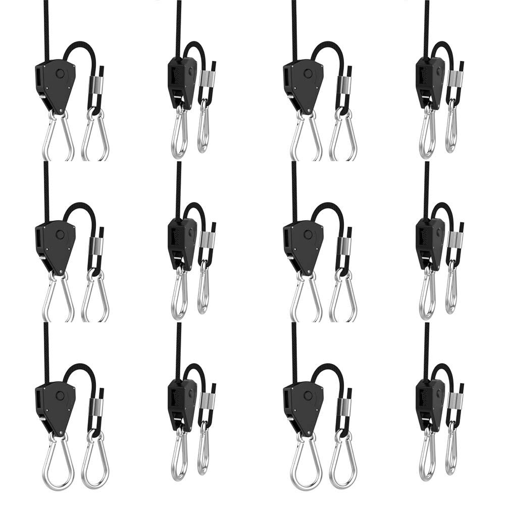 6 Pairs 1/8 inch Adjustable Heavy Duty Rope Hanger - Reinforced Metal Internal Gears Ratchets foe Growing Light Fixtures, Loose-Proof Design, 8-ft Long & 150lbs Weight Capacity