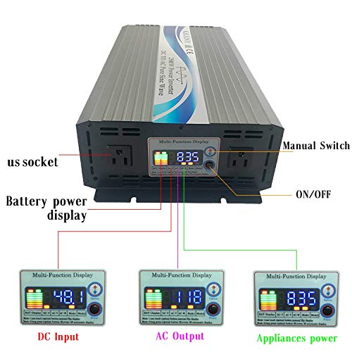 KRXNY 2500W Off Grid Pure Sine Wave Solar Power Inverter 48V DC to 110V 120V AC Converter 60HZ with LCD Display