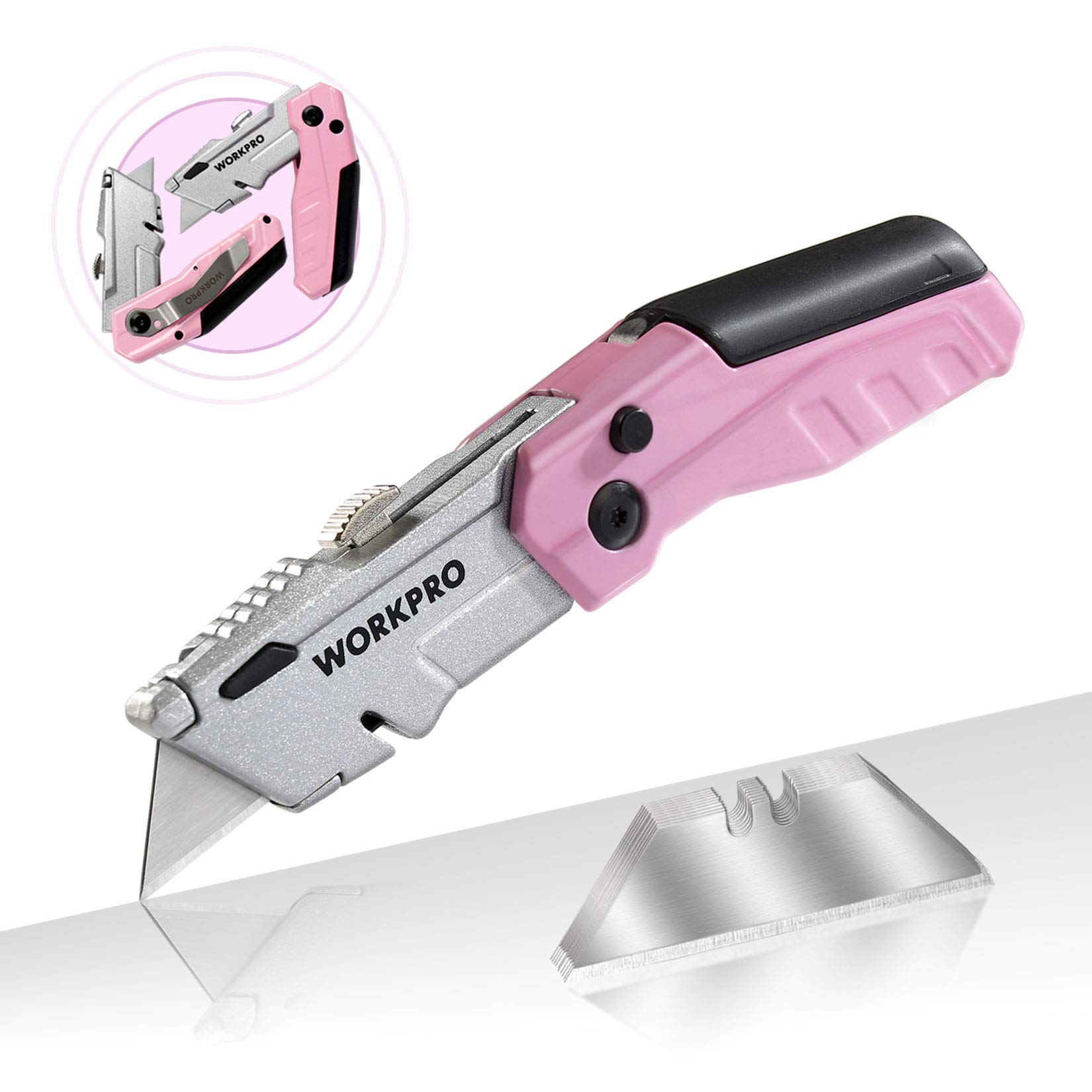 WORKPRO Folding Utility Knife, Quick-Change Pink Box Cutter with Blade Storage Compartment Hidden in Lightweight Aluminum Die-cast Handle, 12 Extra Blades Included - Pink Ribbon