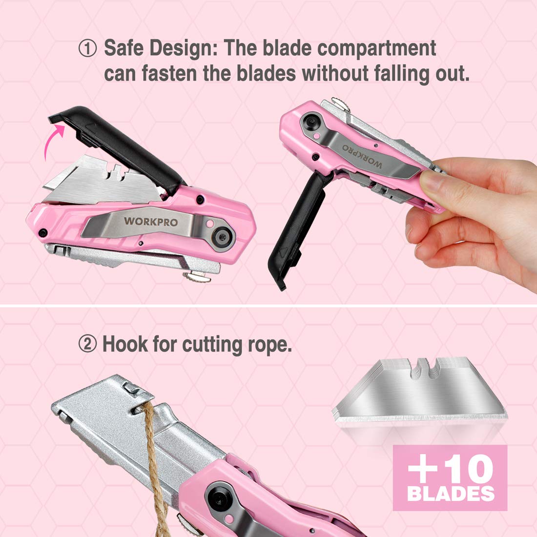 WORKPRO Folding Utility Knife, Quick-Change Pink Box Cutter with Blade Storage Compartment Hidden in Lightweight Aluminum Die-cast Handle, 12 Extra Blades Included - Pink Ribbon