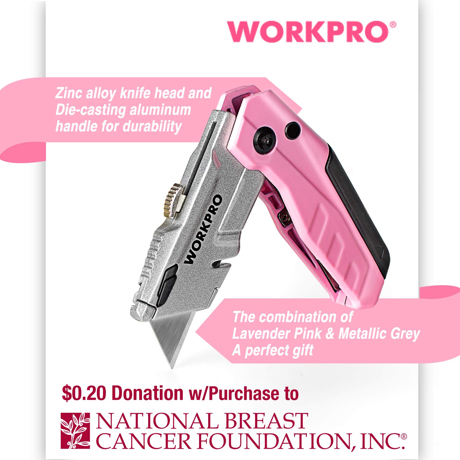 WORKPRO Folding Utility Knife, Quick-Change Pink Box Cutter with Blade Storage Compartment Hidden in Lightweight Aluminum Die-cast Handle, 12 Extra Blades Included - Pink Ribbon