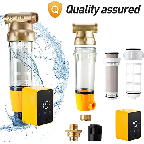 iSpring WSP50ARB Spin Down Sediment Water Filter, Reusable with Touch-Screen Auto Flushing Module and Built-in Housing Scraper, Brass Top Clear Housing, 50 Micron