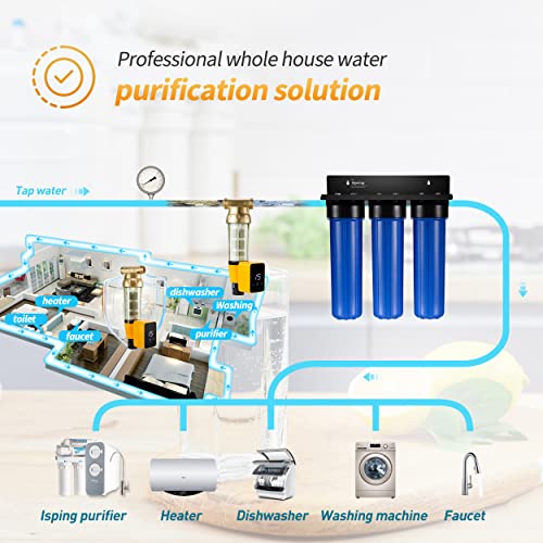 iSpring WSP50ARB Spin Down Sediment Water Filter, Reusable with Touch-Screen Auto Flushing Module and Built-in Housing Scraper, Brass Top Clear Housing, 50 Micron