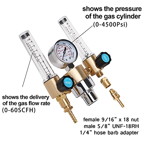 BETOOLL Argon/CO2 MIG TIG Flow Meter Gas Regulator Gauge 0-60 SCFH 0-4500 Psi CGA580 Inlet Connection