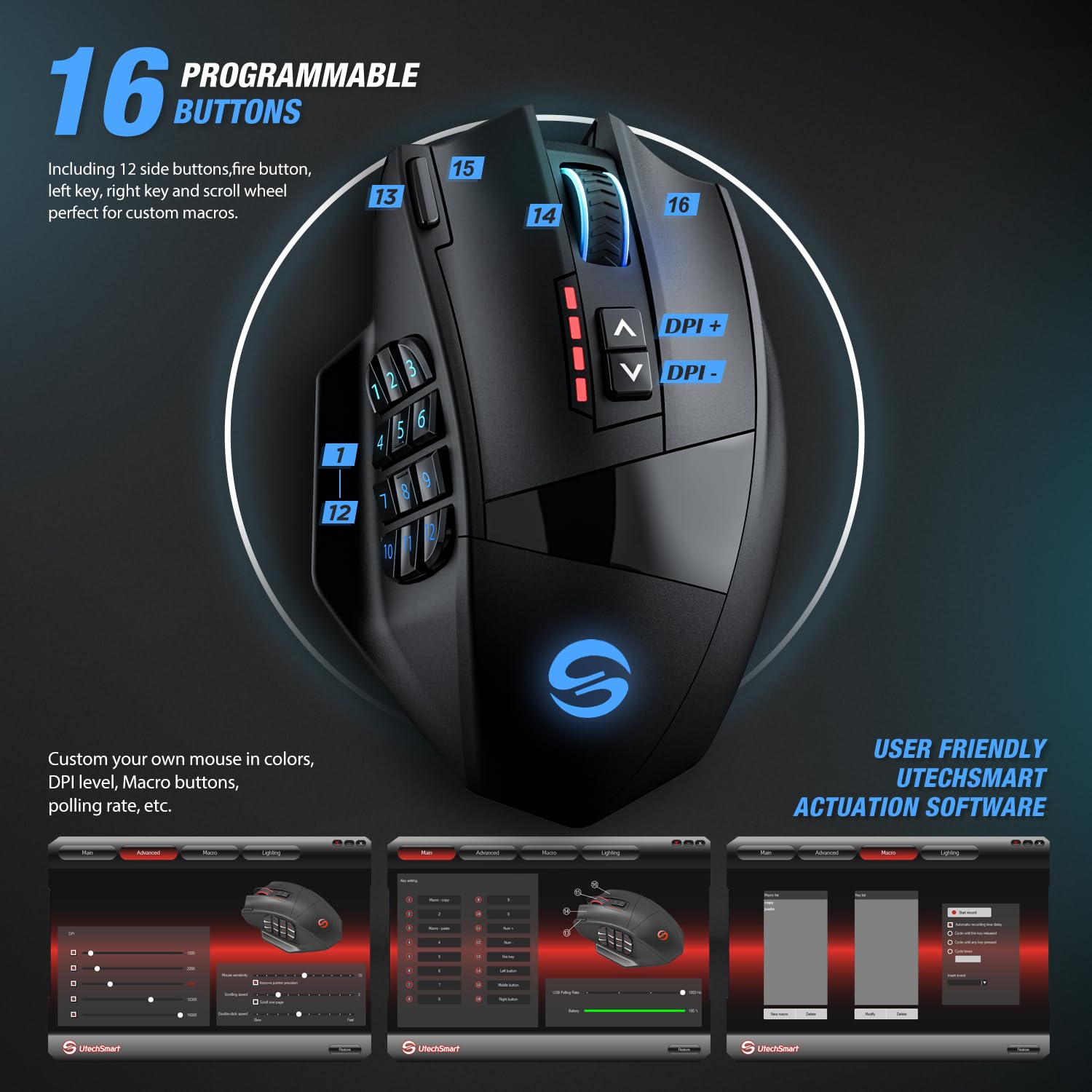 UtechSmart Venus Pro RGB Wireless MMO Gaming Mouse, 16,000 DPI Optical Sensor, 2.4 GHz Transmission Technology, Ergonomic Design, 16M Chroma RGB Lighting, 16 programmable Buttons, Up to 70 Hours