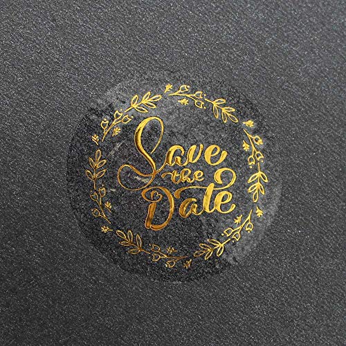 100 x Save the Date Metal Labels Real Gold Foil Embossed Transparent Stickers Shower Party Invitation Stickers Round Self Adhesive Vinyl Labels 1.6 inch (Gold)