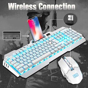 Wireless Gaming Keyboard and Mouse,Blue Backlit Rechargeable Keyboard Mouse with 3800mAh Battery Metal Panel,Mechanical Feel Keyboard and 7 Color Gaming Mute Mouse for PC Gamer