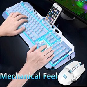 Wireless Gaming Keyboard and Mouse,Blue Backlit Rechargeable Keyboard Mouse with 3800mAh Battery Metal Panel,Mechanical Feel Keyboard and 7 Color Gaming Mute Mouse for PC Gamer