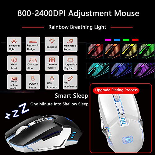 Wireless Gaming Keyboard and Mouse,Blue Backlit Rechargeable Keyboard Mouse with 3800mAh Battery Metal Panel,Mechanical Feel Keyboard and 7 Color Gaming Mute Mouse for PC Gamer