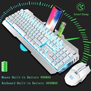 Wireless Gaming Keyboard and Mouse,Blue Backlit Rechargeable Keyboard Mouse with 3800mAh Battery Metal Panel,Mechanical Feel Keyboard and 7 Color Gaming Mute Mouse for PC Gamer