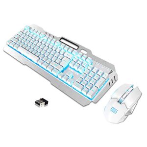 Wireless Gaming Keyboard and Mouse,Blue Backlit Rechargeable Keyboard Mouse with 3800mAh Battery Metal Panel,Mechanical Feel Keyboard and 7 Color Gaming Mute Mouse for PC Gamer