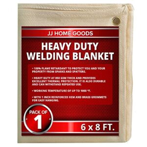 jj care welding blanket - 1 pack 6ft x 8ft welding mat - 850gsm fiberglass welding blanket with brass grommets, welders blanket for grill, smoker welding blanket heavy duty, welding tarp & shield