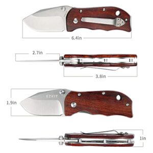 EZKIT Folding Pocket Knife, EDC Knife, 8Cr13MoV Steel, Easy One Hand Open, Wood Handle, Deep Pocket Clip, Blade Length 2.7inch