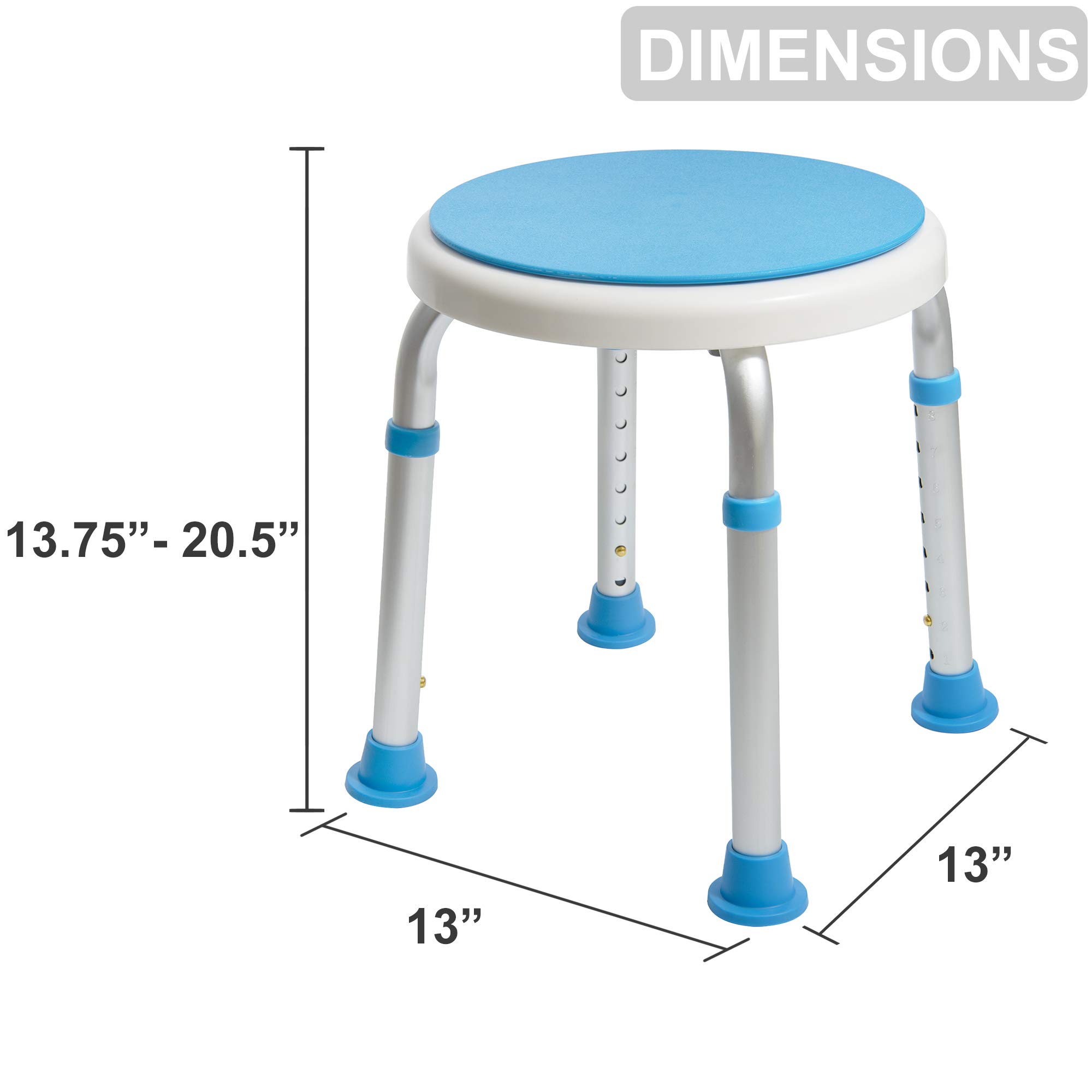 Vaunn Medical Tool-Free Assembly Adjustable Swivel Shower Stool Seat Bench with Anti-Slip Rubber Tips for Safety and Stability