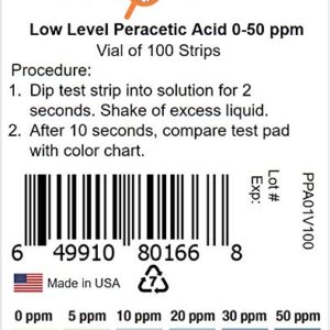 Peracetic Acid Test Strips, 0-50 ppm [Vial of 100 Strips]