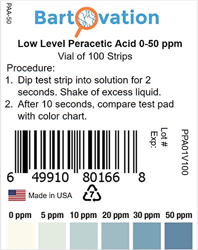 Peracetic Acid Test Strips, 0-50 ppm [Vial of 100 Strips]