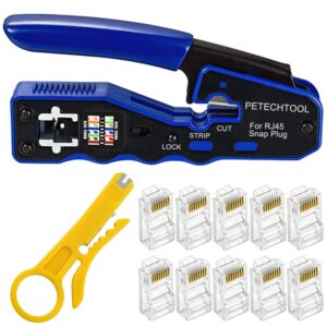 rj45 crimp tool kit all-in-one ethernet crimping tool wire crimper stripper cutter for cat5e cat6 cat6a pass thrugh connectors with 10 pieces cat6 connectors and 1 piece mini wire stripper