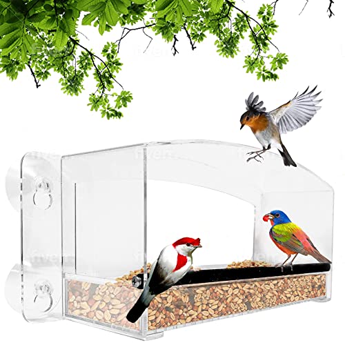 Large Clearance Birdfeeder - Best Window Bird Feeder for Viewing Wild Crow Finch Bluebird Goldfinch Blue Jay Cardinal - Cat Watching - Christmas Mothers Day Gift - Peanut Food Tray - Big Suction Cups