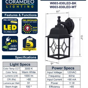 CORAMDEO Outdoor LED Square Wall Sconce Light for Porch, Patio, Deck, Wet Location, Built in LED Gives 100W of Light from 11W of Power, 1000 Lumens, 3K, Durable Cast Aluminum with White Finish