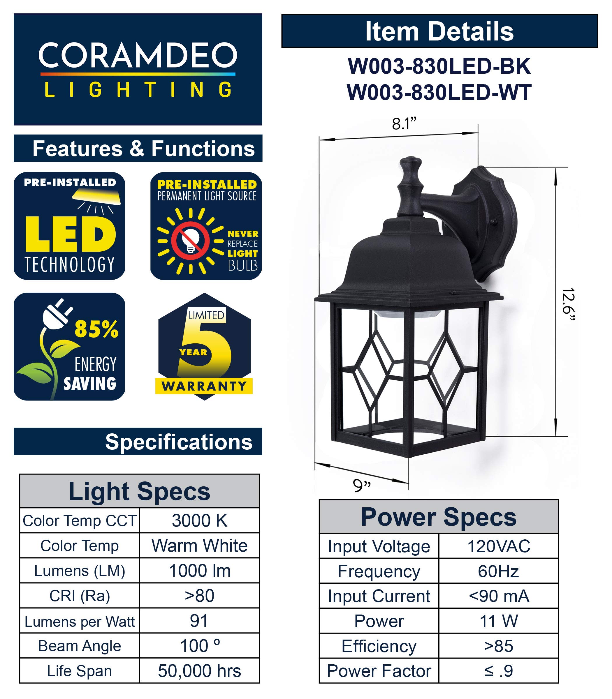 CORAMDEO Outdoor LED Square Wall Sconce Light for Porch, Patio, Deck, Wet Location, Built in LED Gives 100W of Light from 11W of Power, 1000 Lumens, 3K, Durable Cast Aluminum with White Finish