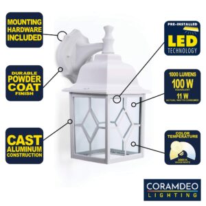 CORAMDEO Outdoor LED Square Wall Sconce Light for Porch, Patio, Deck, Wet Location, Built in LED Gives 100W of Light from 11W of Power, 1000 Lumens, 3K, Durable Cast Aluminum with White Finish