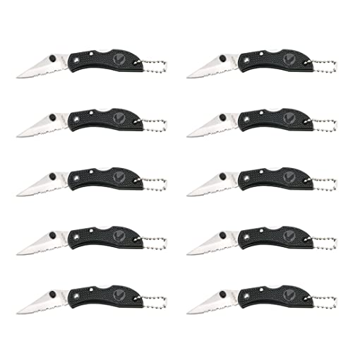 Keychain Knife - Surgical Stainless Steel Half-Serrated 1 7/8" Blade for Cutting Cord or Twine - Light Plastic Handle - 2 1/2" Folded, 4 1/4" Open - Set of 10