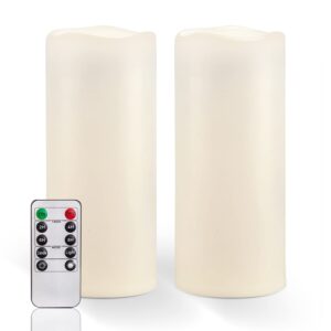 homemory 10" x 4" large waterproof outdoor flameless candles with remote control and timer, battery operated flickering led pillar candles for outdoor larterns, porch, long lasting, set of 2