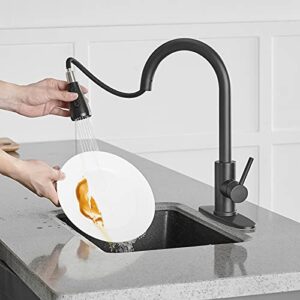 BESy Brass Single Handle Kitchen Faucet with Pull Down Sprayer,Rv High-Arc Kitchen Sink Faucet with Pull Out Sprayer,Single Lever 3 Function Laundry Room Faucet,Matte Black (1 or 3 Hole)