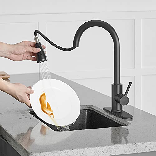 BESy Brass Single Handle Kitchen Faucet with Pull Down Sprayer,Rv High-Arc Kitchen Sink Faucet with Pull Out Sprayer,Single Lever 3 Function Laundry Room Faucet,Matte Black (1 or 3 Hole)