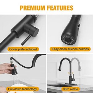 BESy Brass Single Handle Kitchen Faucet with Pull Down Sprayer,Rv High-Arc Kitchen Sink Faucet with Pull Out Sprayer,Single Lever 3 Function Laundry Room Faucet,Matte Black (1 or 3 Hole)