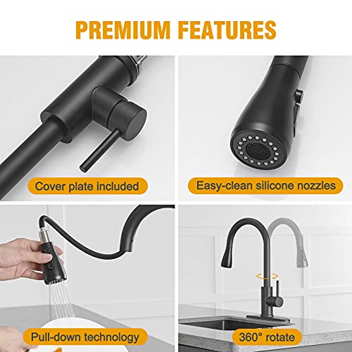 BESy Brass Single Handle Kitchen Faucet with Pull Down Sprayer,Rv High-Arc Kitchen Sink Faucet with Pull Out Sprayer,Single Lever 3 Function Laundry Room Faucet,Matte Black (1 or 3 Hole)