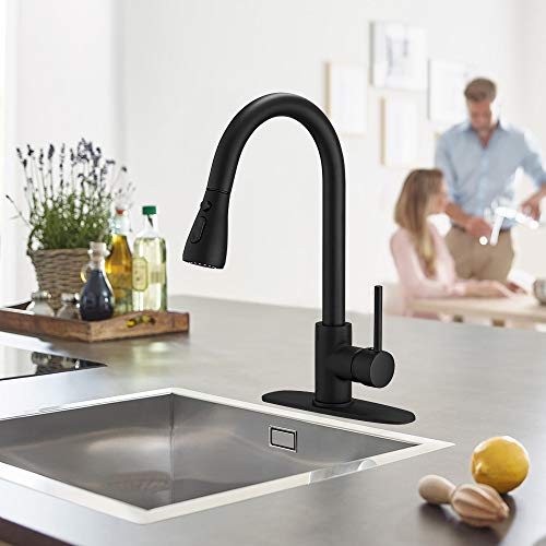 BESy Brass Single Handle Kitchen Faucet with Pull Down Sprayer,Rv High-Arc Kitchen Sink Faucet with Pull Out Sprayer,Single Lever 3 Function Laundry Room Faucet,Matte Black (1 or 3 Hole)