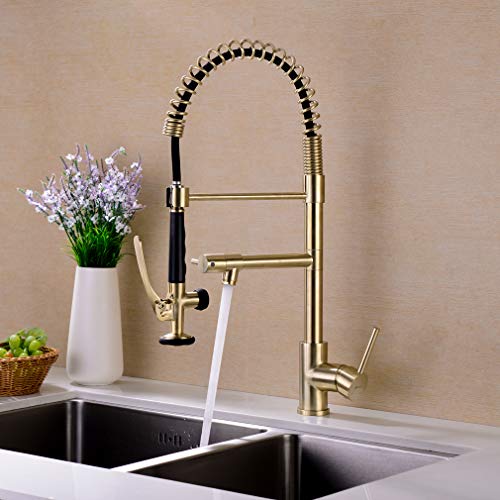 EKRTE Brushed Gold Kitchen Faucet, Commercial Style Pre-Rinse Kitchen Faucets with Pull Down Sprayer, Spot Free Single Handle Kitchen Sink Faucet