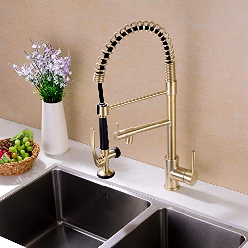 EKRTE Brushed Gold Kitchen Faucet, Commercial Style Pre-Rinse Kitchen Faucets with Pull Down Sprayer, Spot Free Single Handle Kitchen Sink Faucet