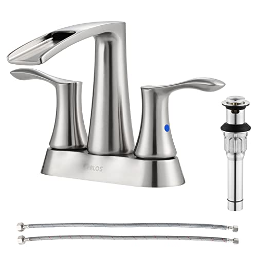 PARLOS 2 Handles Waterfall Bathroom Faucet with Metal Pop-up Drain and Faucet Supply Lines, Brushed Nickel, Demeter 1431702