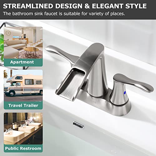 PARLOS 2 Handles Waterfall Bathroom Faucet with Metal Pop-up Drain and Faucet Supply Lines, Brushed Nickel, Demeter 1431702