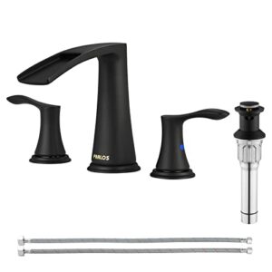 parlos waterfall widespread bathroom faucet two handles with metal pop up drain & cupc faucet supply lines, matte black, demeter 1431804