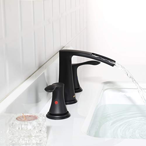 PARLOS Waterfall Widespread Bathroom Faucet Two Handles with Metal Pop Up Drain & cUPC Faucet Supply Lines, Matte Black, Demeter 1431804