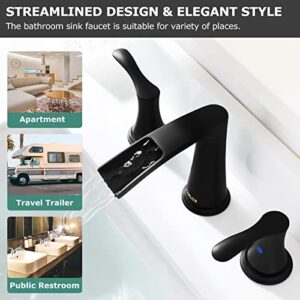 PARLOS Waterfall Widespread Bathroom Faucet Two Handles with Metal Pop Up Drain & cUPC Faucet Supply Lines, Matte Black, Demeter 1431804