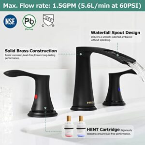 PARLOS Waterfall Widespread Bathroom Faucet Two Handles with Metal Pop Up Drain & cUPC Faucet Supply Lines, Matte Black, Demeter 1431804