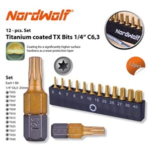 NordWolf 12-Piece Torx Bit Set, Titanium Nitride Coated 6 Point Screwdriver Star Bits Made From S2 Alloy Steel, Sizes T5 to T40